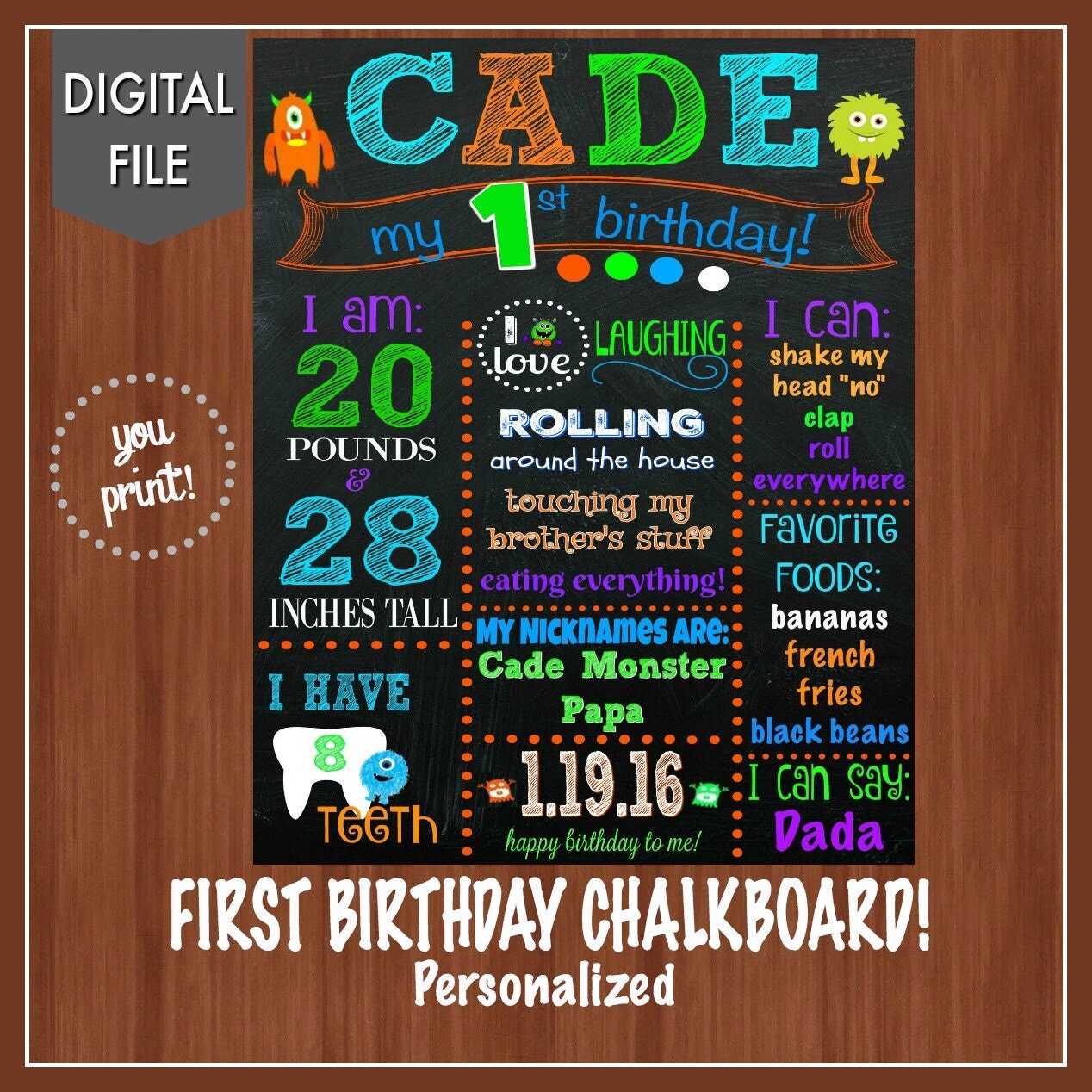 Monster Themed First Birthday Chalkboard File Monsters Boy