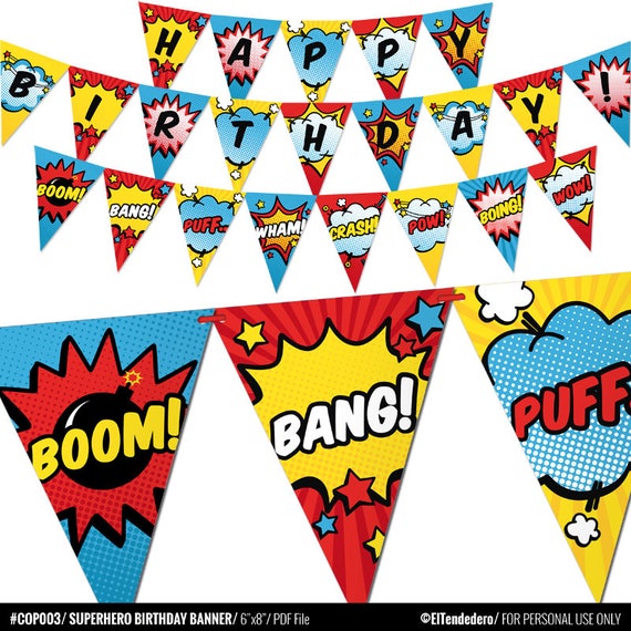 Banderines Cumpleaños Superhéroes. Guirnalda Fiesta Cumpleaños