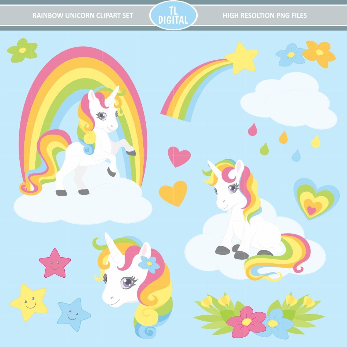 Rainbow Unicorn Clipart Set High resolution PNG Files 30