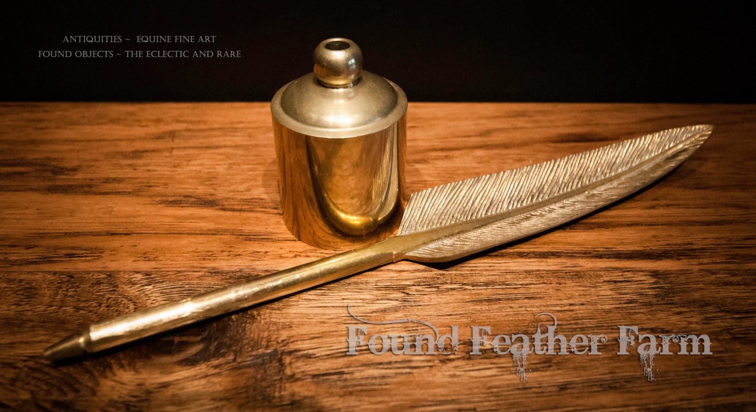 Vintage Solid Brass Feather Pen and Faux Ink Well