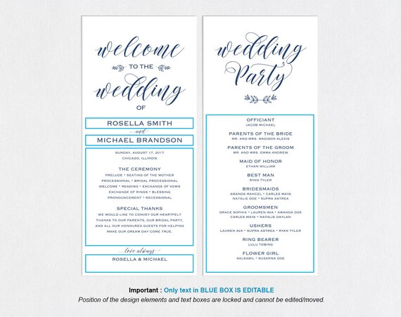 Navy Blue Wedding Program Template Wedding Ceremony Program