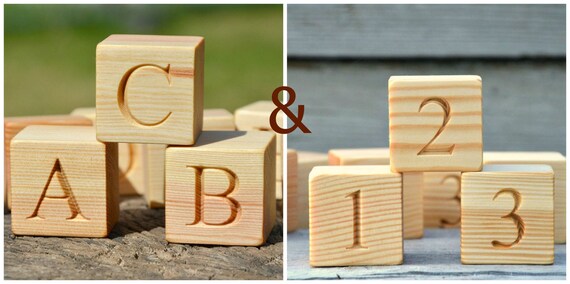 26 Wood English Alphabet Blocks and 10 Numbered Wooden Blocks