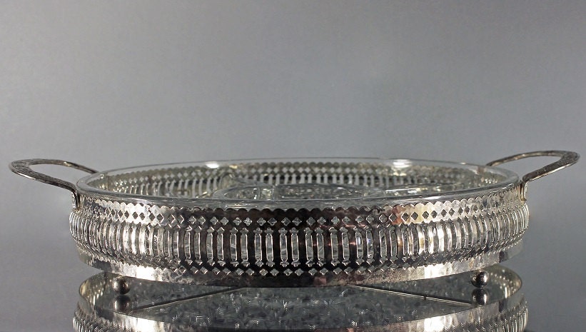 Divided Relish Tray, Silver Plated Carrier, Made in England, Clear ...