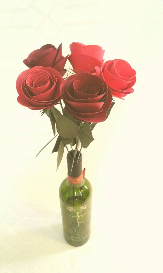 Items similar to Deluxe Long Stem Paper Rose, Paper Roses, Wine Bottle ...