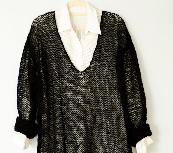 Sheer Knit Sweater Black V Neck Jumper See through Knit