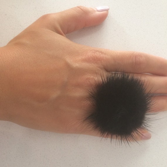 Black furry ring Mink pompom ring Mink finger ring with