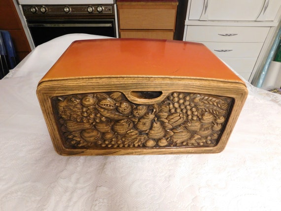 Vintage Metal Bread Box/ Orange with faux Wood Grain Fruit