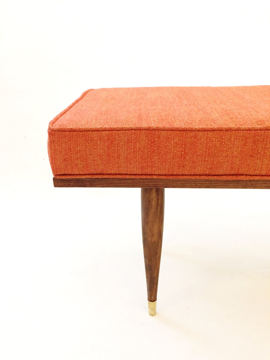 Custom Mid Century Bench In Walnut and Orange Tweed