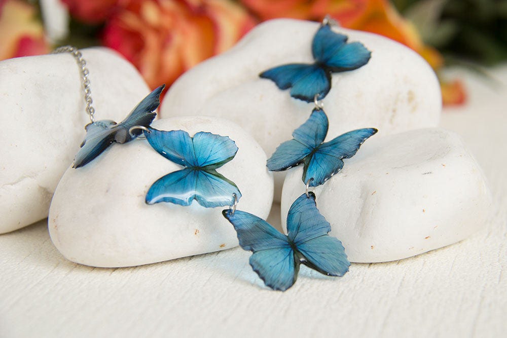 Blue morpho butterflies necklace. Handmade statement
