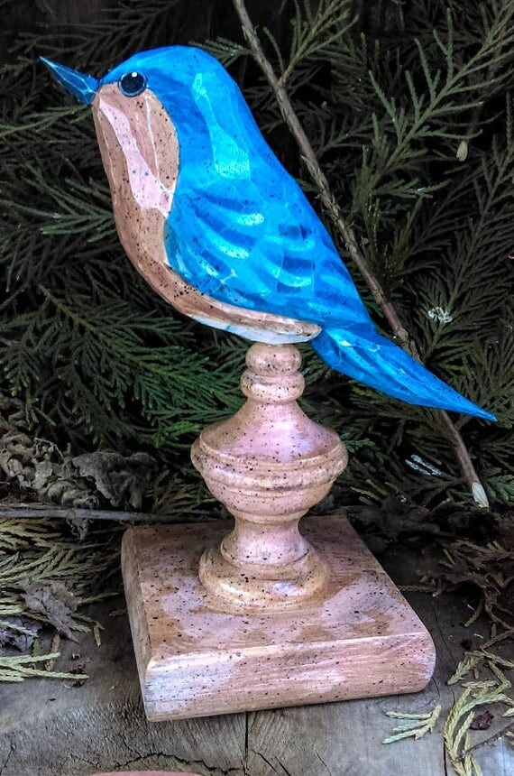 Hand Carved Blue Bird carved from White Pine. Perched on