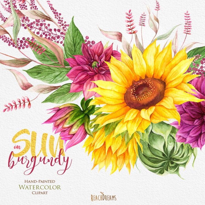 Sunflowers & Dahlias. Watercolor Bohemian Boho Flowers.