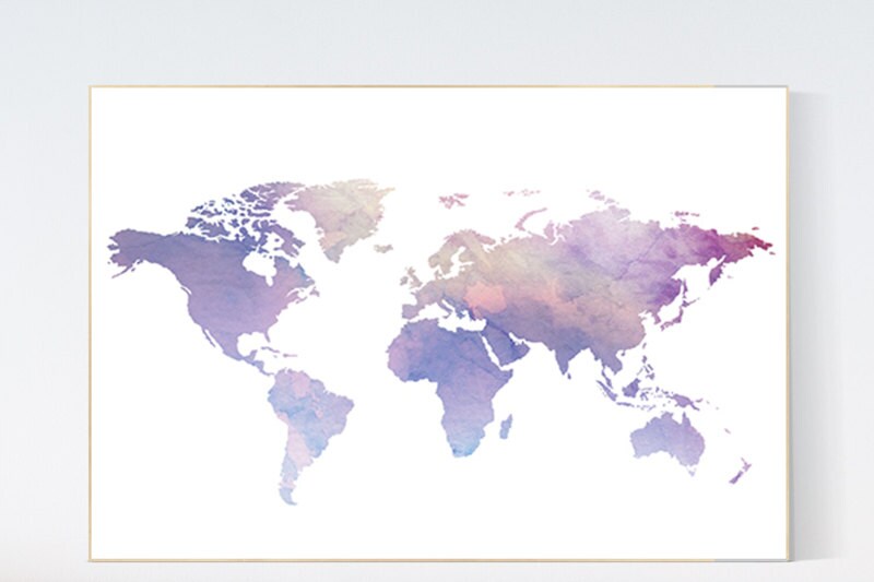 World map poster Pastel world map purple wall prints World