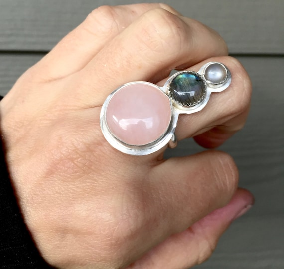 Rose Quartz Labradorite Purple Moonstone Ring Tri Stone