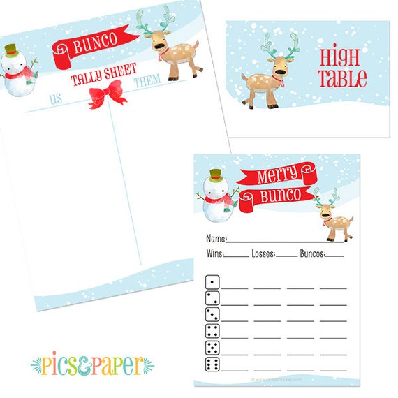 Christmas Bunco Score Card with Reindeer Snowman by PicsandPaper