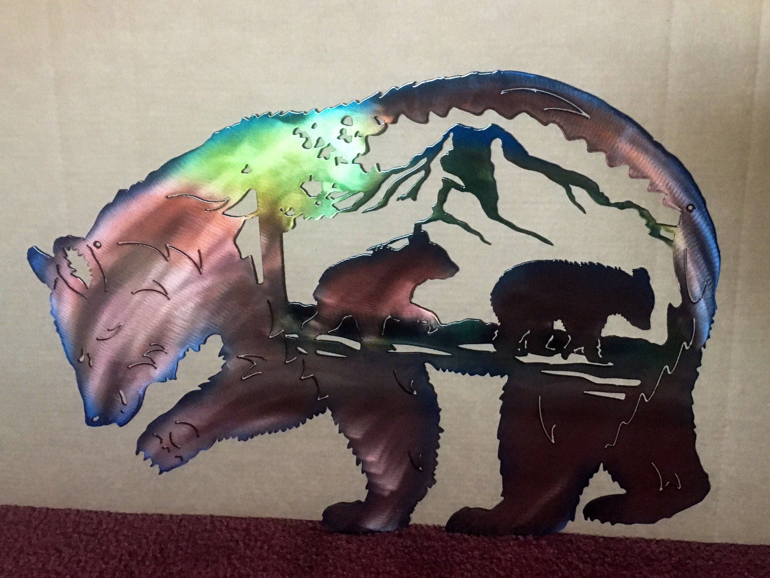 Bear With Cubs Metal Wall Art W/ Patina Finish
