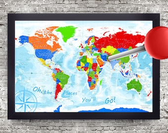 Kids World Map Oh the Places You'll Go Map Poster Map