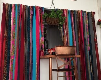 Items similar to Gypsy Boho Curtain Fabric Garland Backdrop - Dorm ...