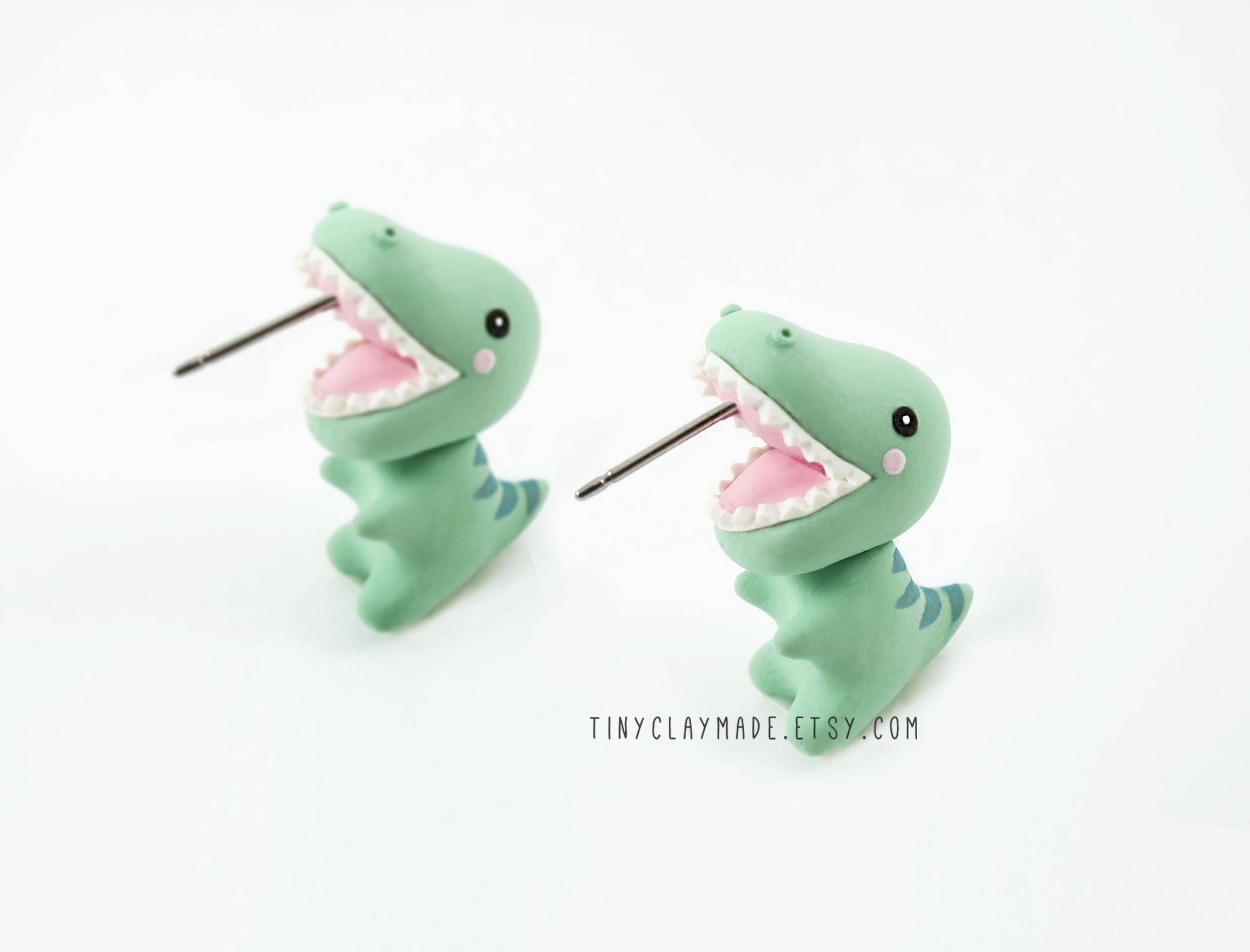 Cute T rex dinosaur bite earring polymer clay animal earring