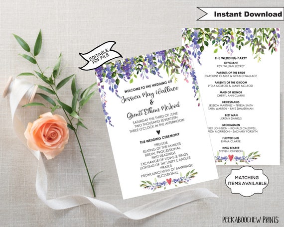 Wedding Program Template Garden Wedding Double Sided 5x7