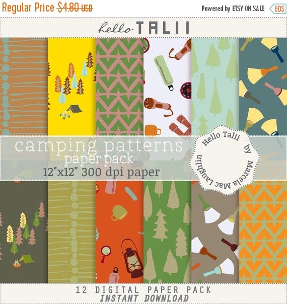 Camping Digital Paper HAPPY CAMPER PAPER Summer Camp Digital
