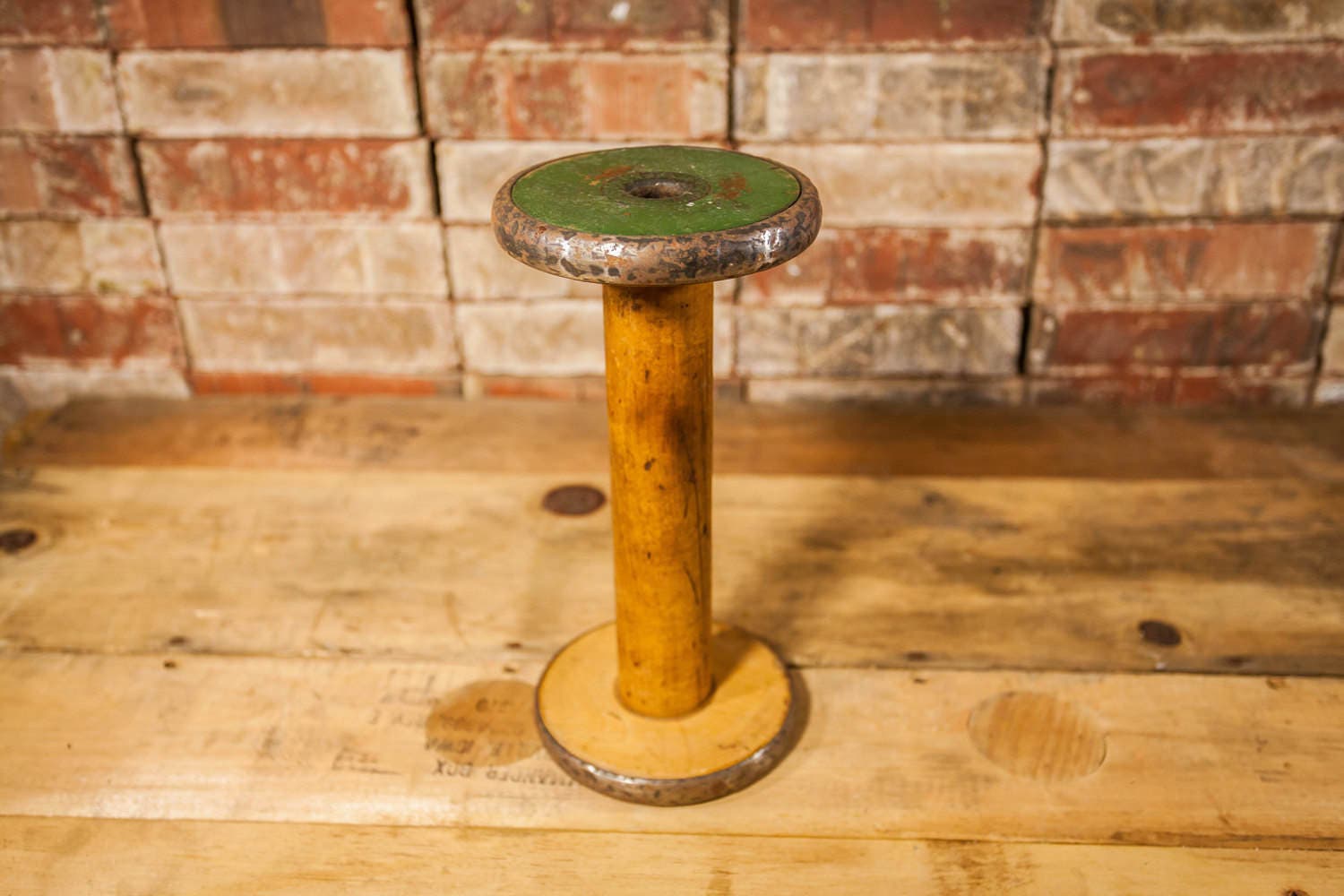 Vintage Large Wooden Bobbin Spool Metal Rustic Green Distressed ...