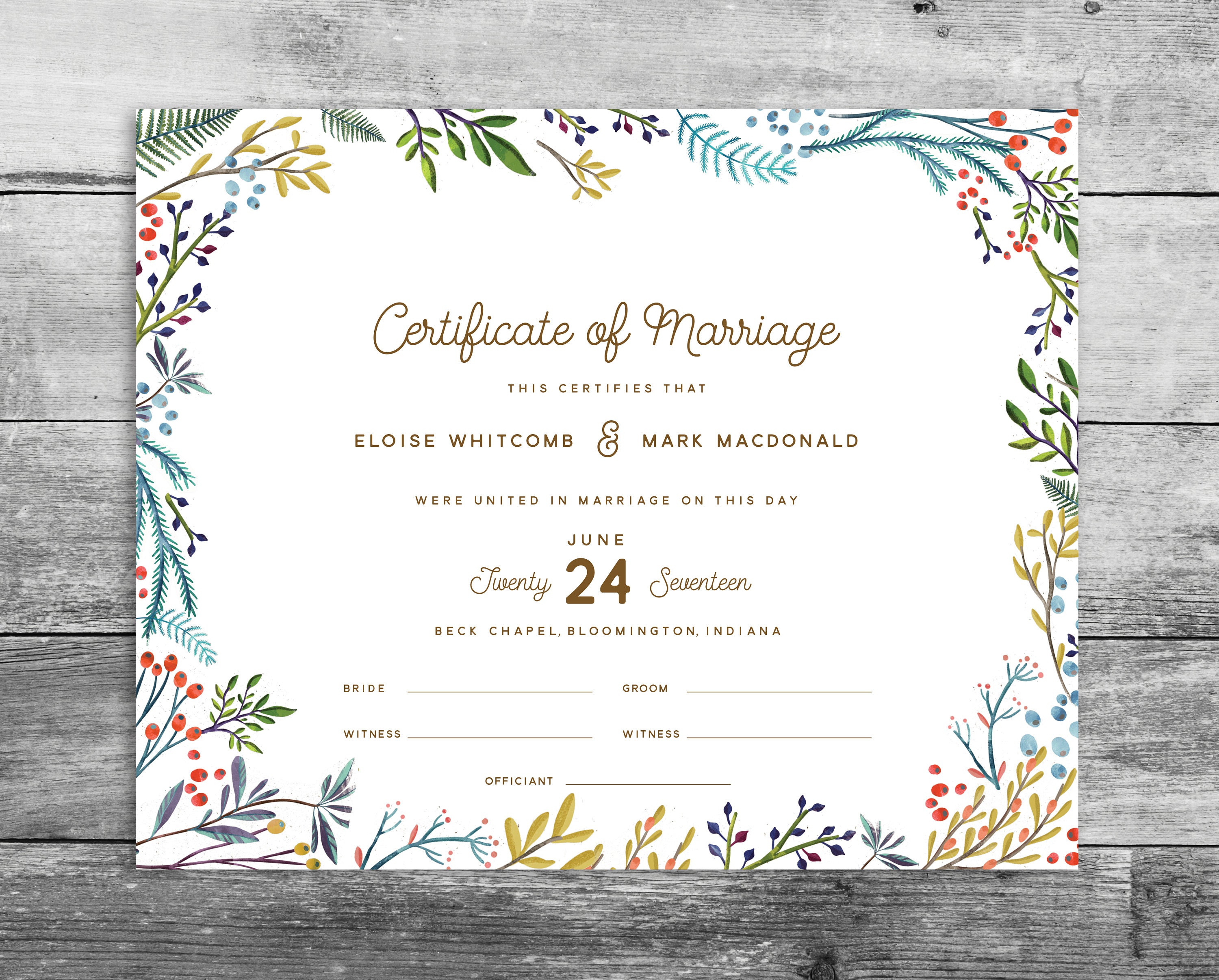 PRINTED Custom Marriage Certificate Wedding Certificate