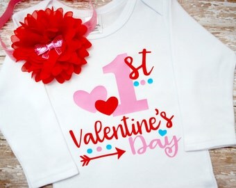 Items similar to Girls Valentines Day Outfit - My First Valentines Onepiece - Pink Hearts ...