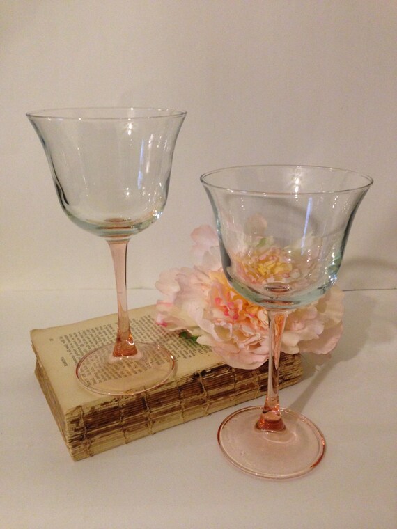 Vintage Pink Stem Wine Glass Pair Luminarc France Large Wine