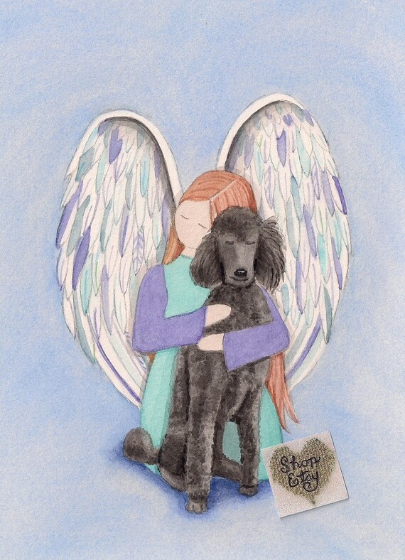 Standard bred black poodle with angel / Lynch signed folk art | Etsy