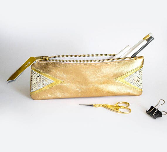 Gold Leather Pencil Case Metallic Gold Pen Pouch Gold