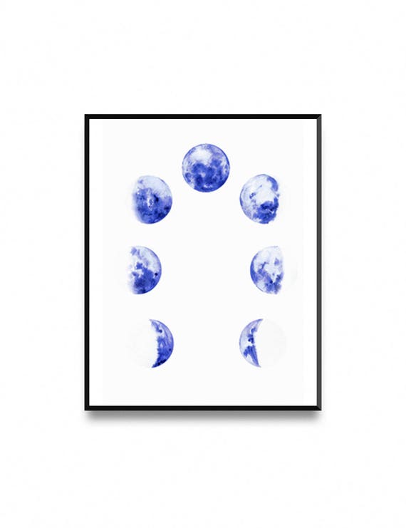 Moon phases Art Moon print Lunar phases Decor Blue