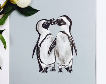 Penguin couple art | Etsy
