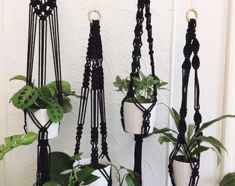 Black Macrame Plant Hanger with Metal Beads Eight spiral Legs