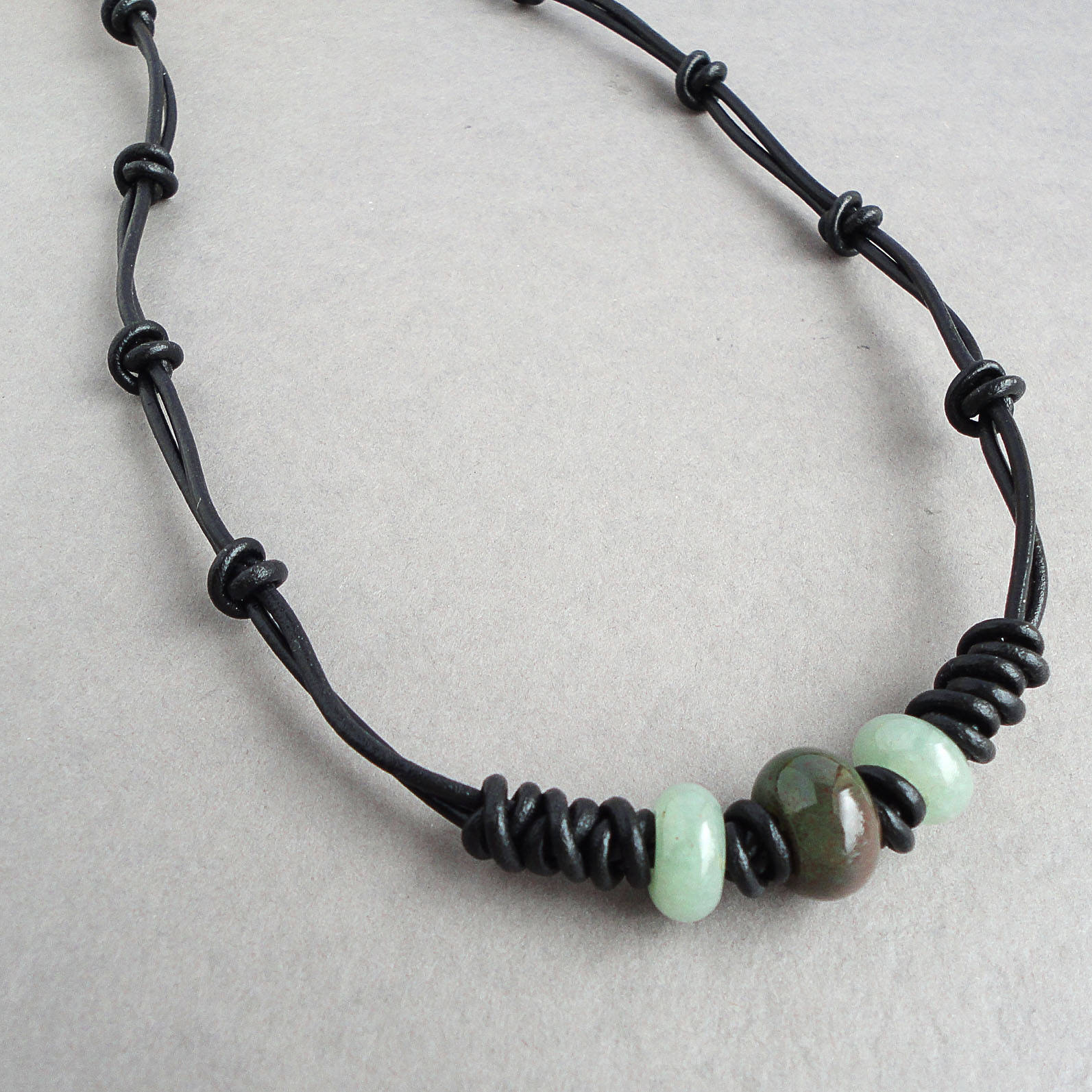Mens Leather Necklace Black Leather Cord Green Aventurine
