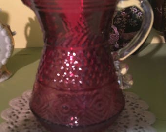 Ruby Red Pilgrim Crackle Glass Clear Handled Pitcher with