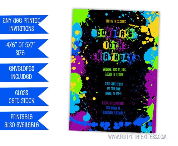 Neon Paint Birthday Invitations Paint Splatter Invites