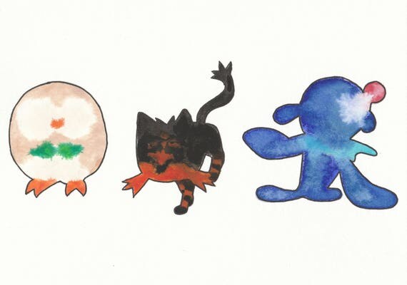 Pokemon Rowlet Litten Popplio Watercolor Painting 5x7