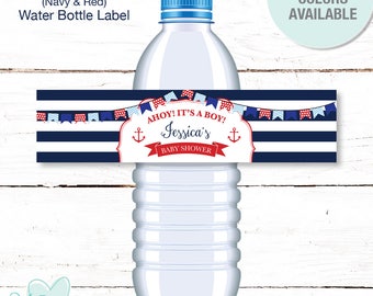 Chevron Nautical Bear Navy and Red Water Bottle Label