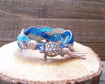 Sea Turtle Beaded Braided Leather Wrap Cuff Bracelet Beaded