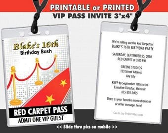 Red Carpet Paparazzi VIP Pass Birthday Party Invitations