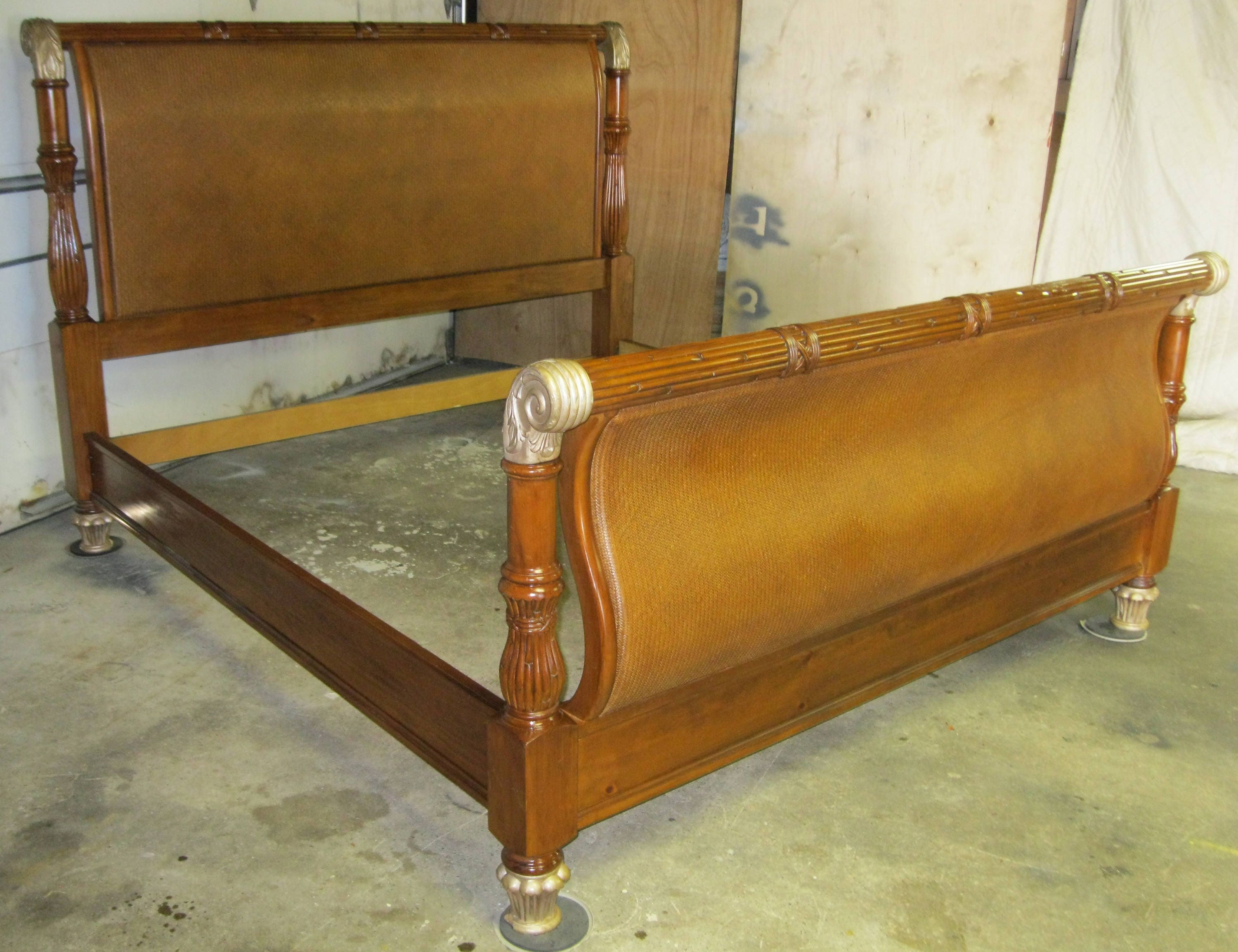 King Size Sleigh Bed Cherry Wood and Wicker / Bamboo