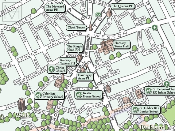 Crouch End London N8 illustrated map giclee print