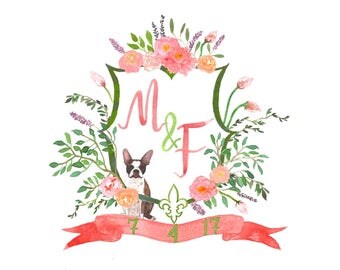 Hand Drawn Custom Floral Wreath Monogram flowers ferns
