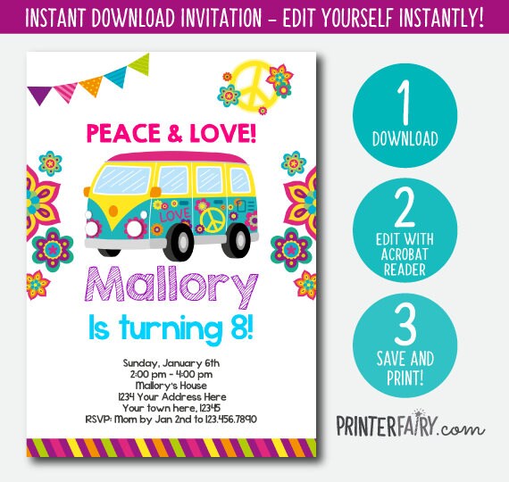 Editable Hippie Invitation, 60s Birthday Invitation, Groovy Invitation ...