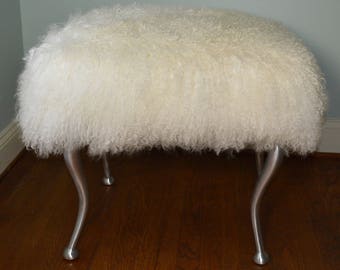 Real Mongolian Lamb Fur Bench Stool Footstool Ottoman Tibet