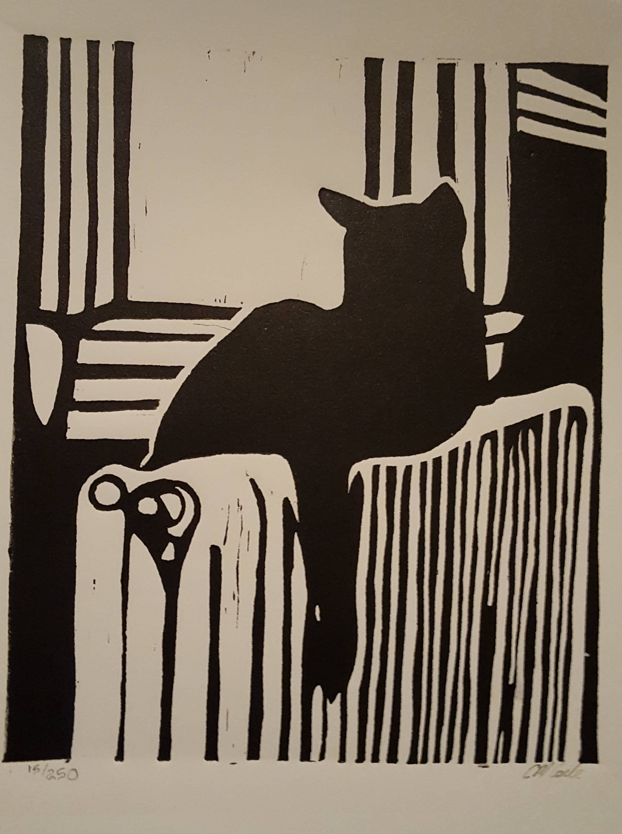 Black Cat in Window Linoleum Block Print