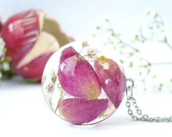 Real Light Pink Rosebud Resin Sphere Pendant Necklace