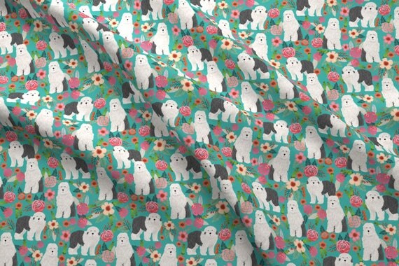 Sheepdog Fabric Old English Sheepdog Florals Flowers Teal By