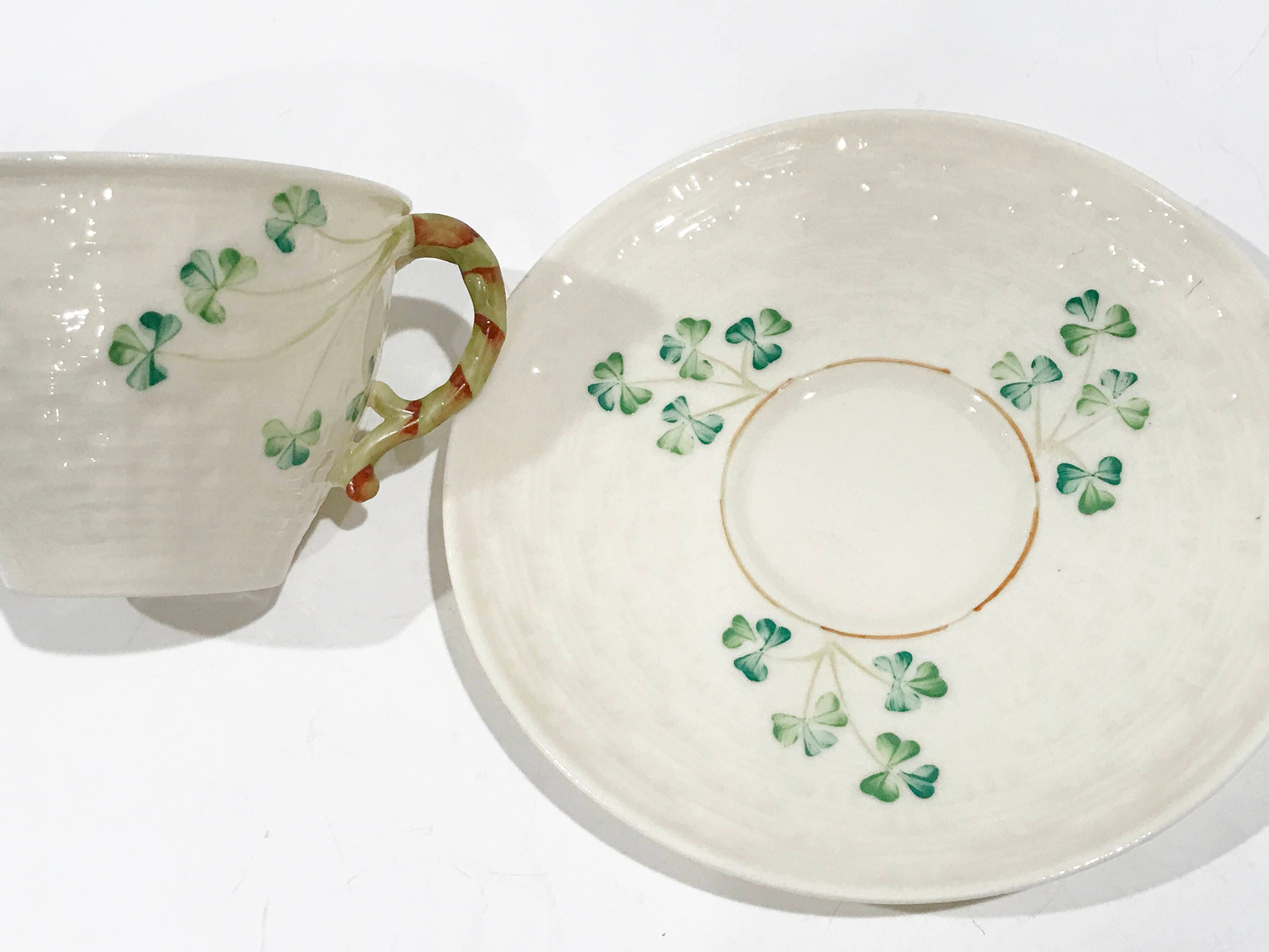 Shamrock Belleek Tea Cup and Saucer, Irish Tea Cup, Basket Weave ...