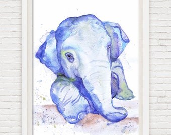 Baby Elephant Art Watercolor Painting Baby Boy Nursery